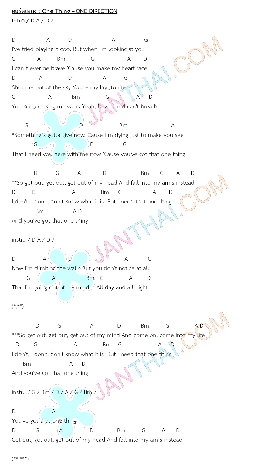 คอร์ดเพลง One Thing – ONE DIRECTION – JANTHAI Music คอร์ดกีตาร์ เนื้อ ...